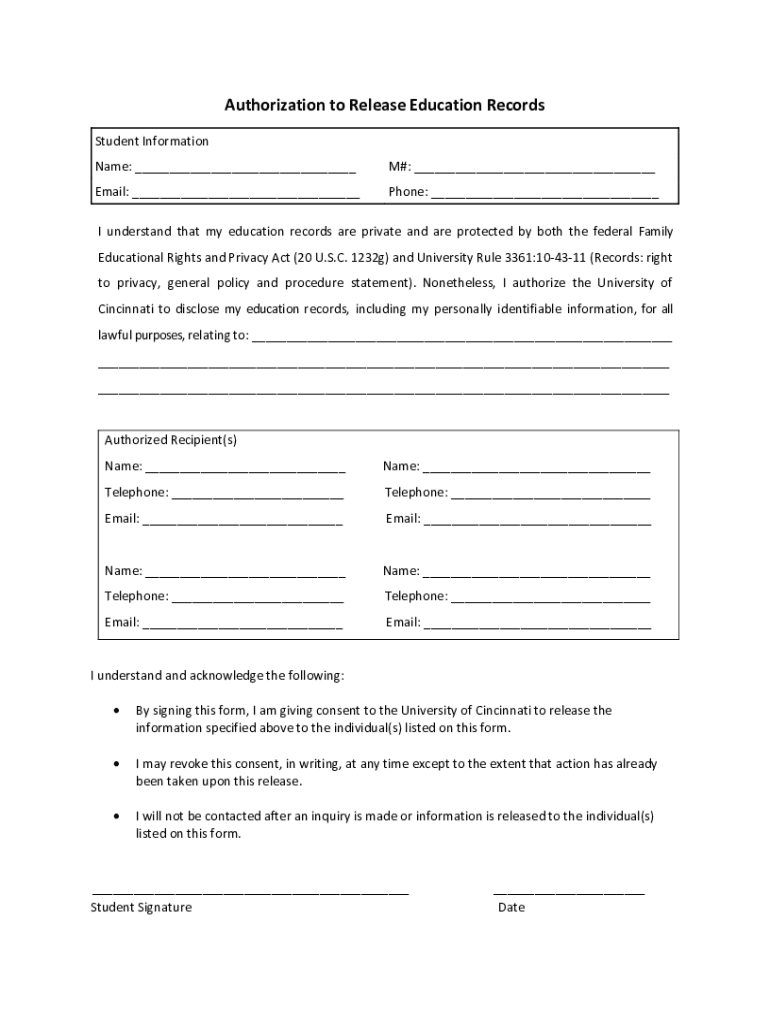 Fillable Online Authorization to Release Education Records Fax Email ...