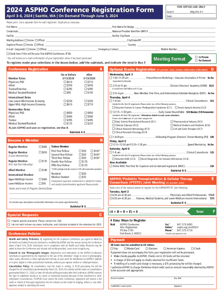 Fillable Online 2024 ASPHO Conference Registration Form Fax Email Print ...