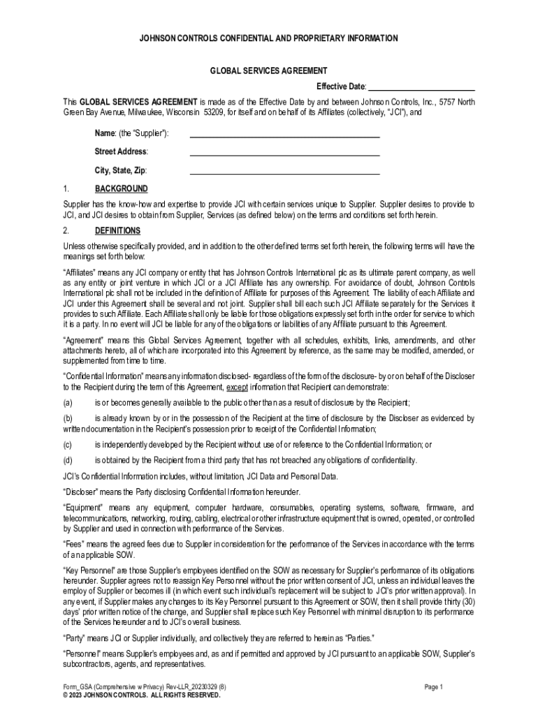 Fillable Online Global Services Agreement Between Johnson Controls and Supplier Fax Email Print ...