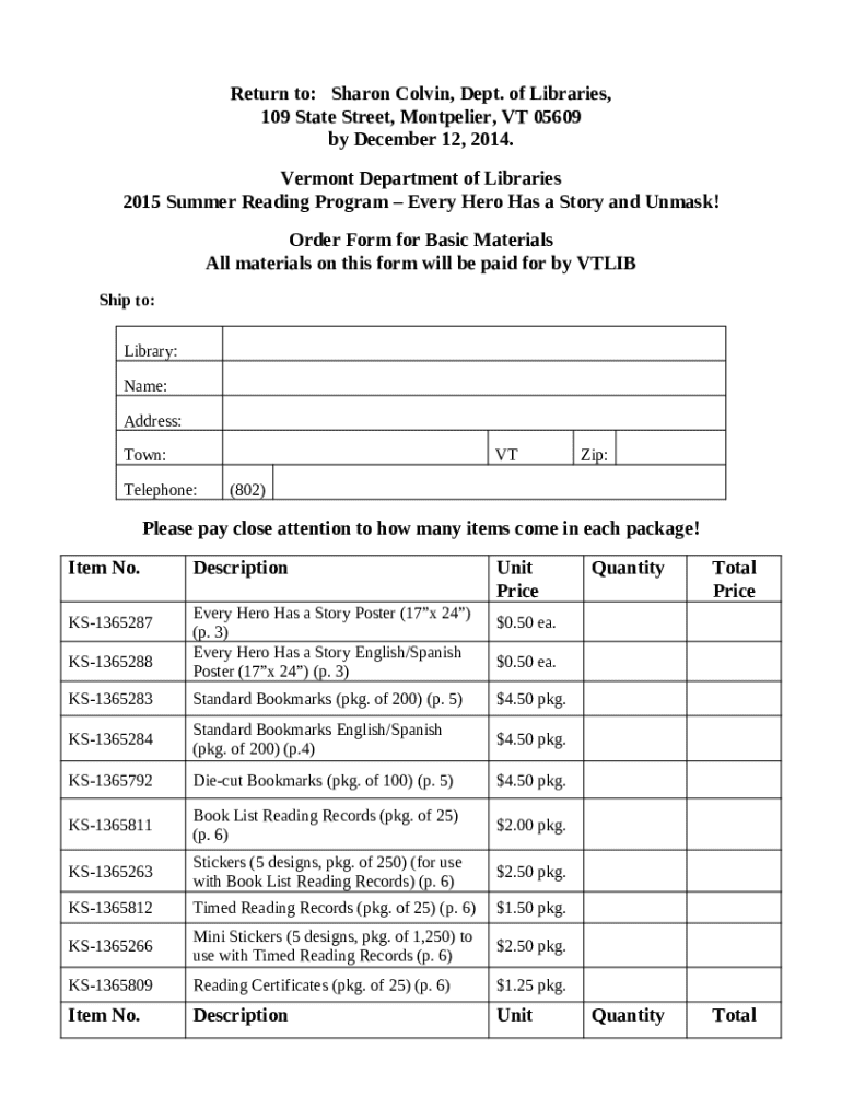 2015 Summer Reading Program Order - libraries vermont Doc Template ...