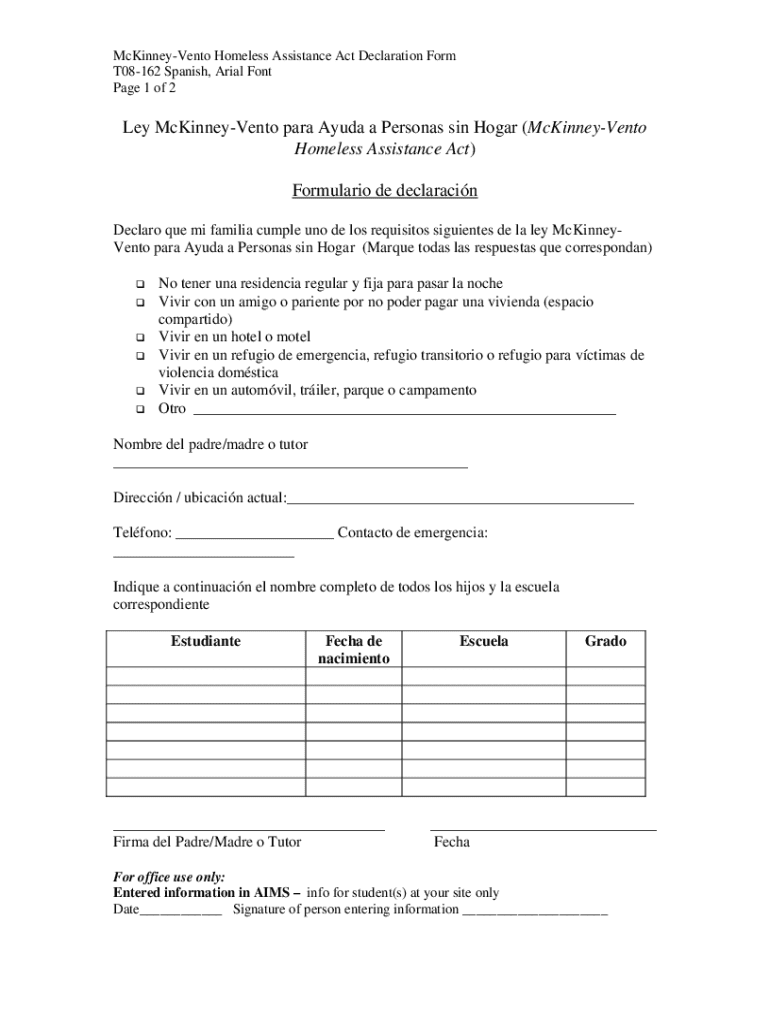 Rellenable en línea McKinny-Vento Homeless Assistance Act (Spanish ...