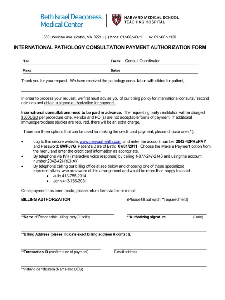 Fillable Online International Pathology Consultation Payment Authorization Form. International ...