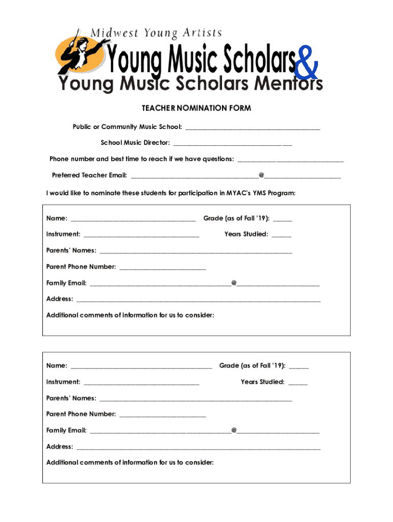 Fillable Online Teacher Nomination for Myac's Yms Program Fax Email ...