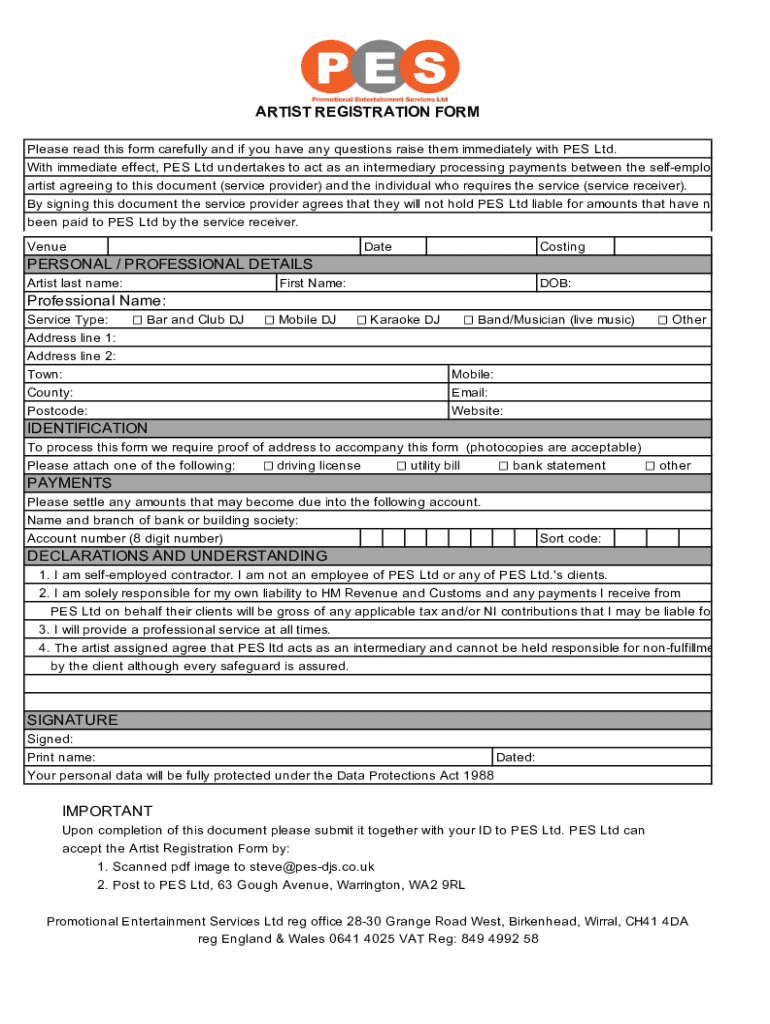 Fillable Online Artist Registration With Pes Ltd Fax Email Print ...