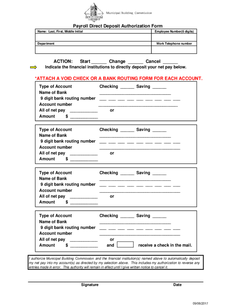 Fillable Online Payroll Direct Deposit Authorization Form *ATTACH A ...