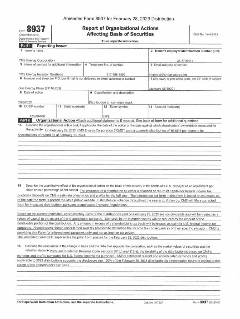 Fillable Online Amended Form 8937 for February 28, 2023 Distribution ...