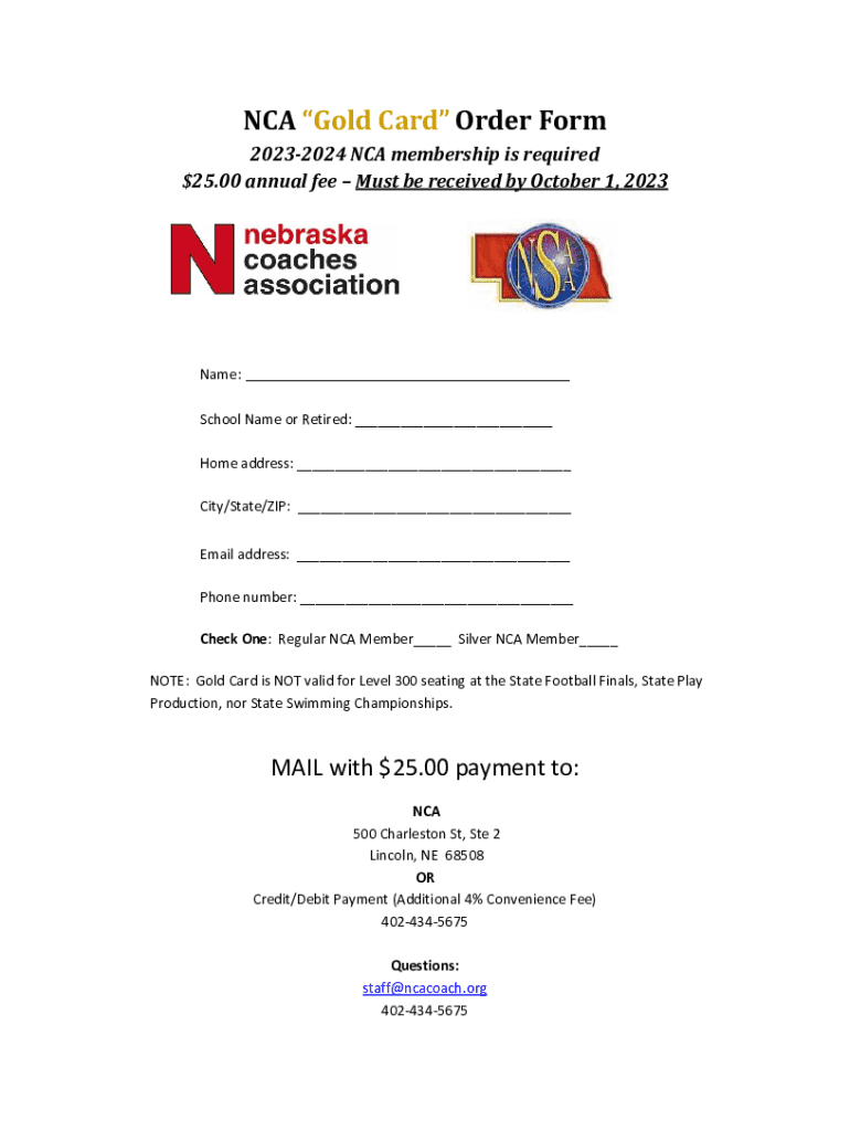 Fillable Online Nca Gold Card Membership Form 2023-2024 Fax Email Print ...