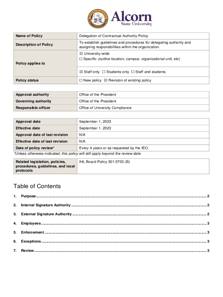 Fillable Online Delegation of Contractual Authority Policy Fax Email Print - pdfFiller
