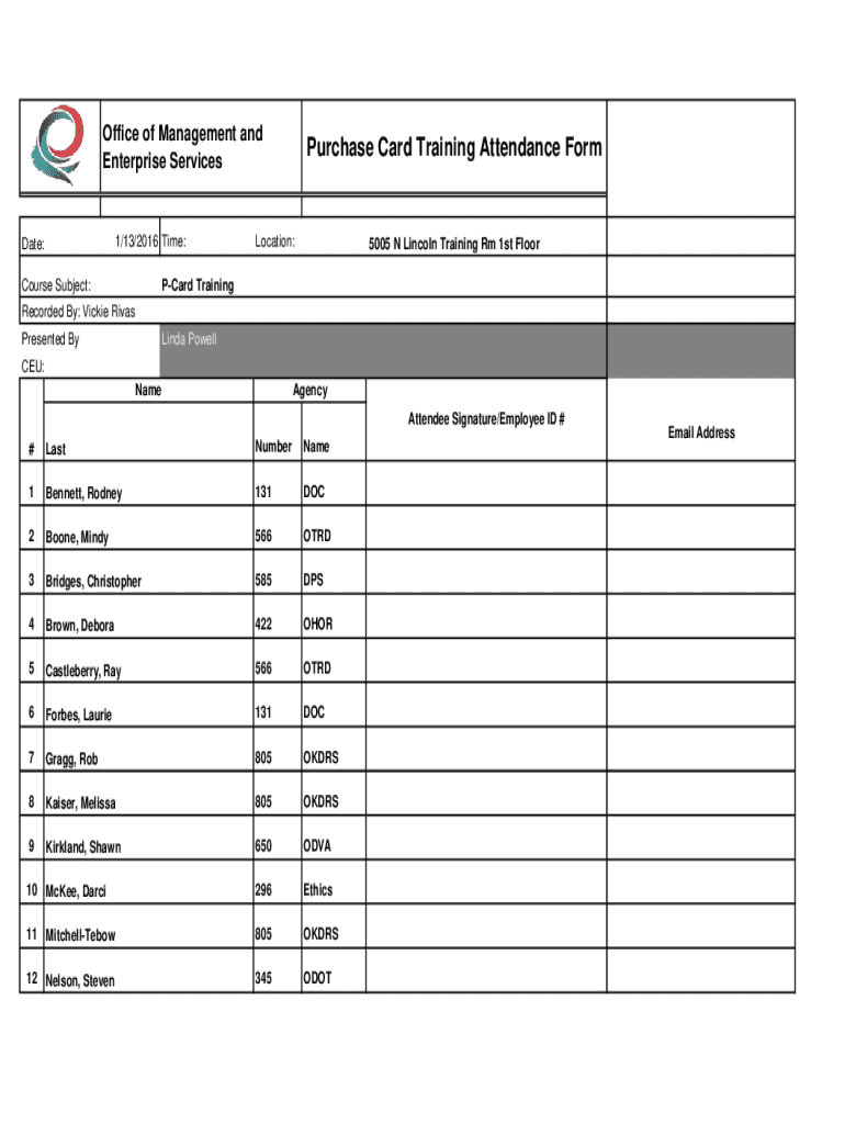Fillable Online P-card Training Attendance Fax Email Print - pdfFiller