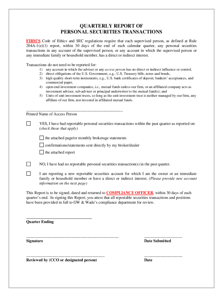 Fillable Online Quarterly Report of Personal Securities Transactions ...