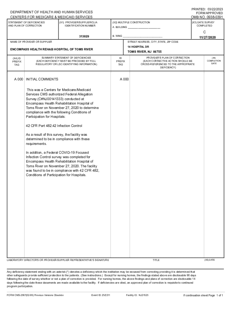 Fillable Online Statement of Deficiencies and Plan of Correction Fax ...
