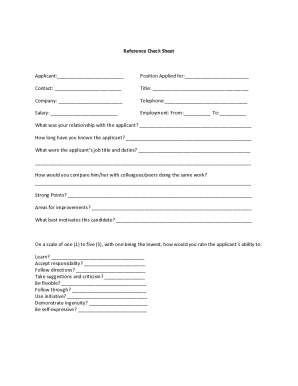 Fillable Online Reference Check Sheet for Job Applicants Fax Email ...