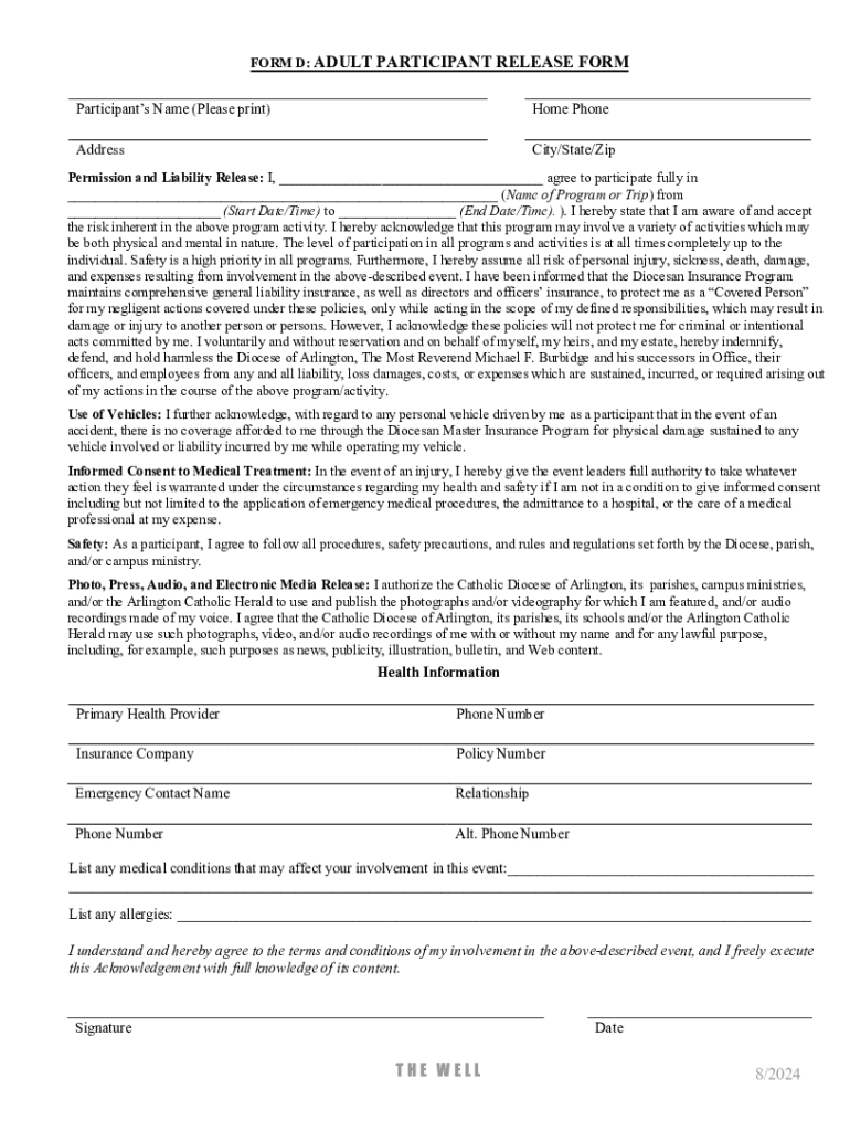 Fillable Online Adult Participant Release Form Fax Email Print - pdfFiller