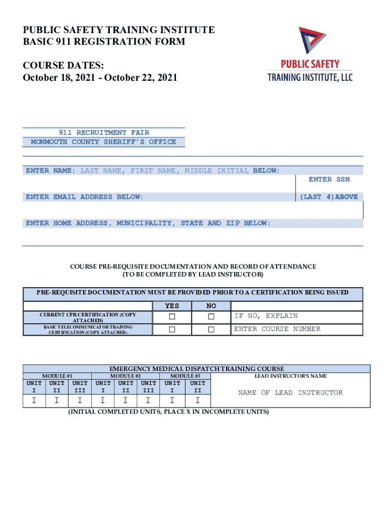 Fillable Online Public Safety Training Institute - Basic 911 ...