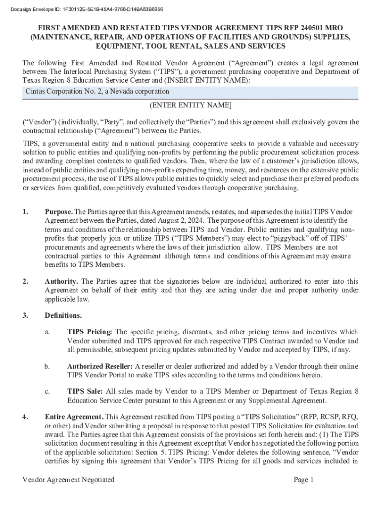 Fillable Online Vendor Agreement Negotiated Page 1 FIRST AMENDED ... Fax Email Print - pdfFiller