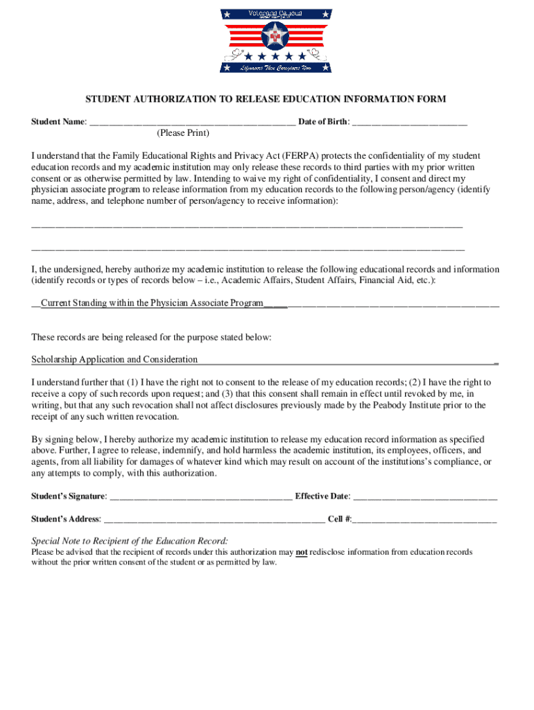 Fillable Online Student Authorization to Release Education Information ...