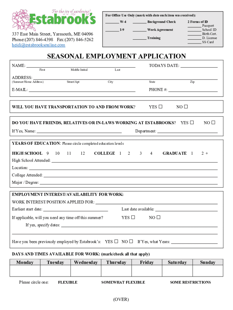 Fillable Online Estabrook's Seasonal Employment Application Fax Email ...