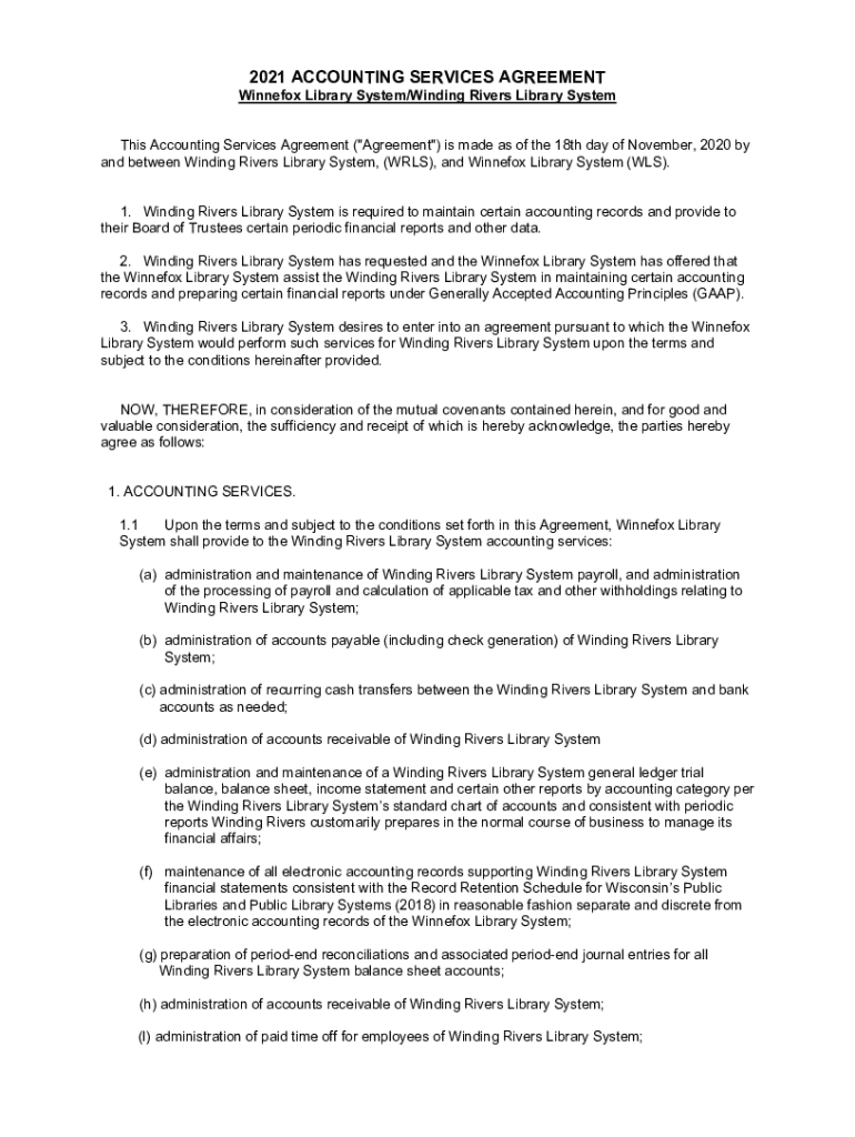 Fillable Online Accounting Services Agreement Between Winnefox Library System and Winding Rivers ...