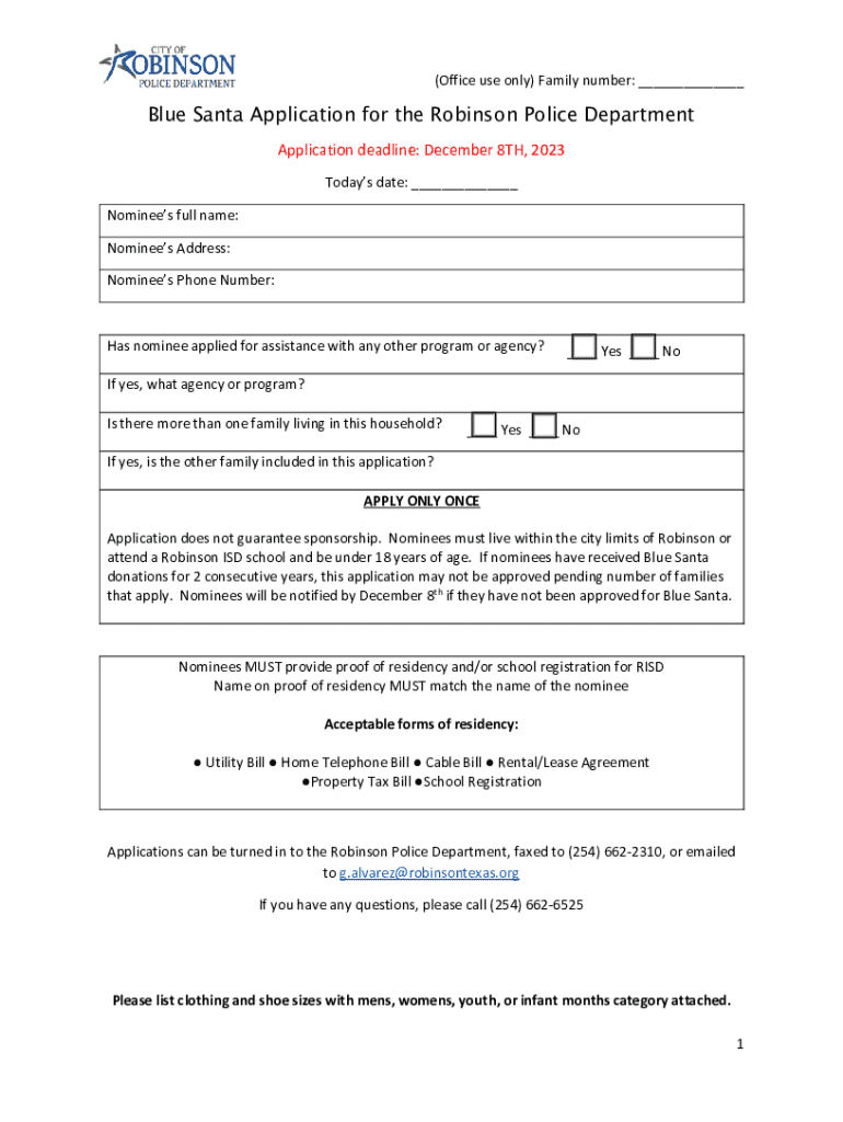 Fillable Online Blue Santa Application for the Robinson Police ...