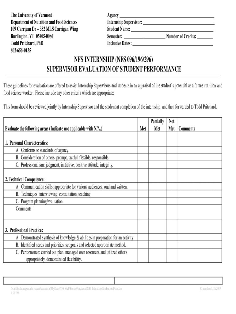 Fillable Online Internship Supervisor Evaluation of Student Performance ...