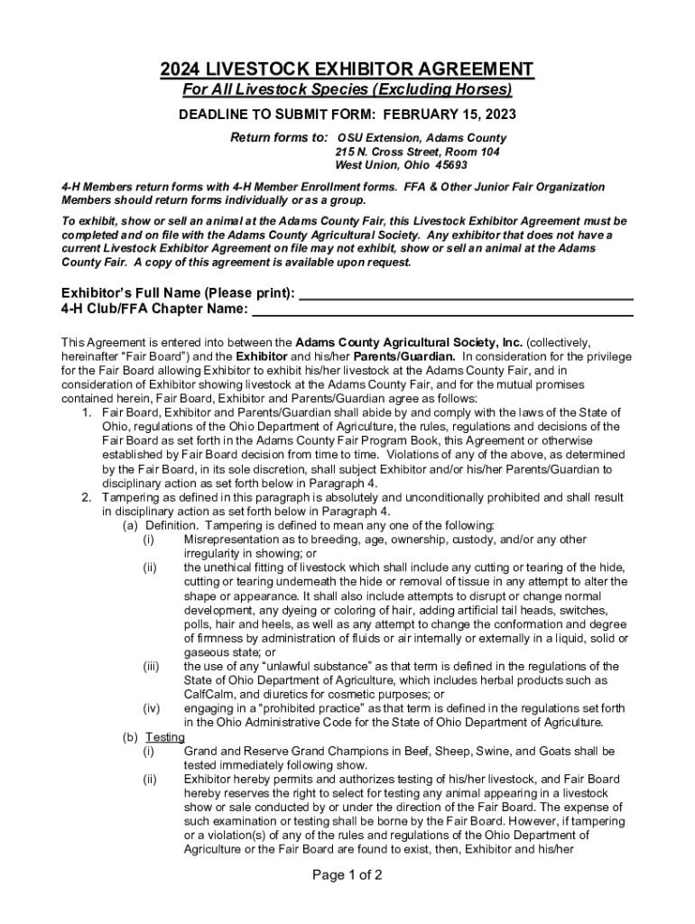 Fillable Online 2024 Livestock Exhibitor Agreement for Adams County ...