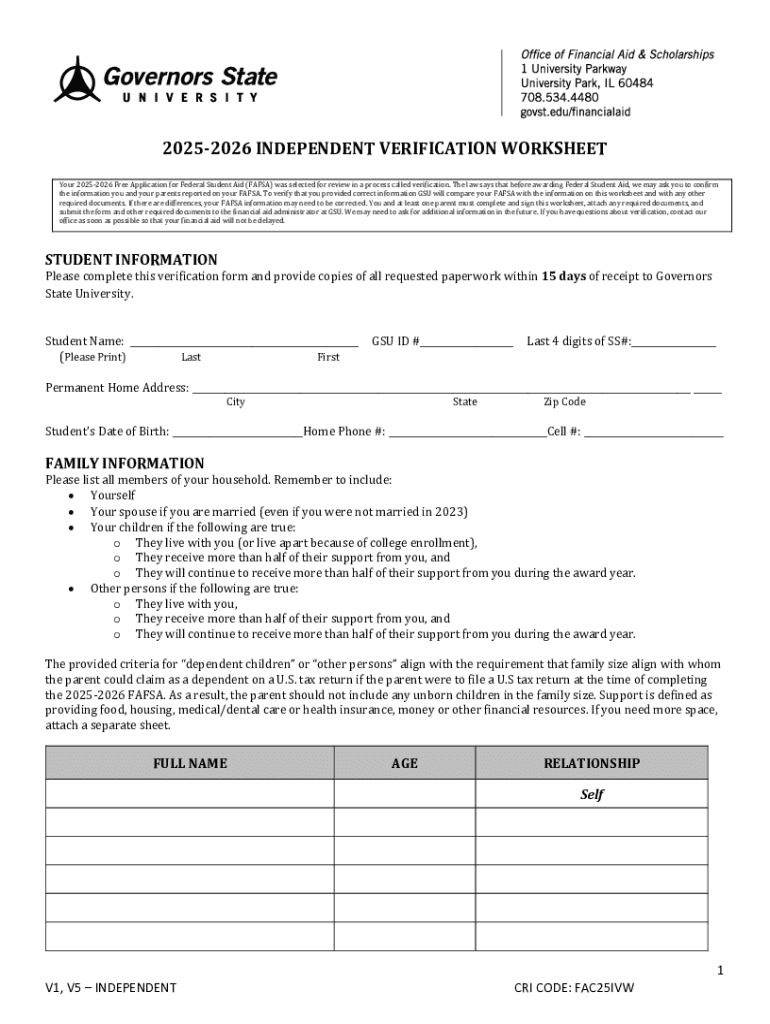 Fillable Online Independent Verification Worksheet for Fafsa Fax Email Print - pdfFiller