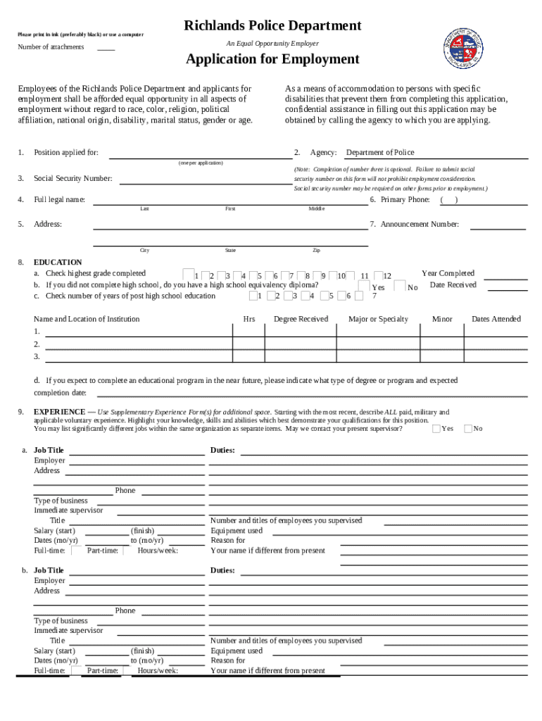 Richlands Police Department Employment Application Doc Template | pdfFiller