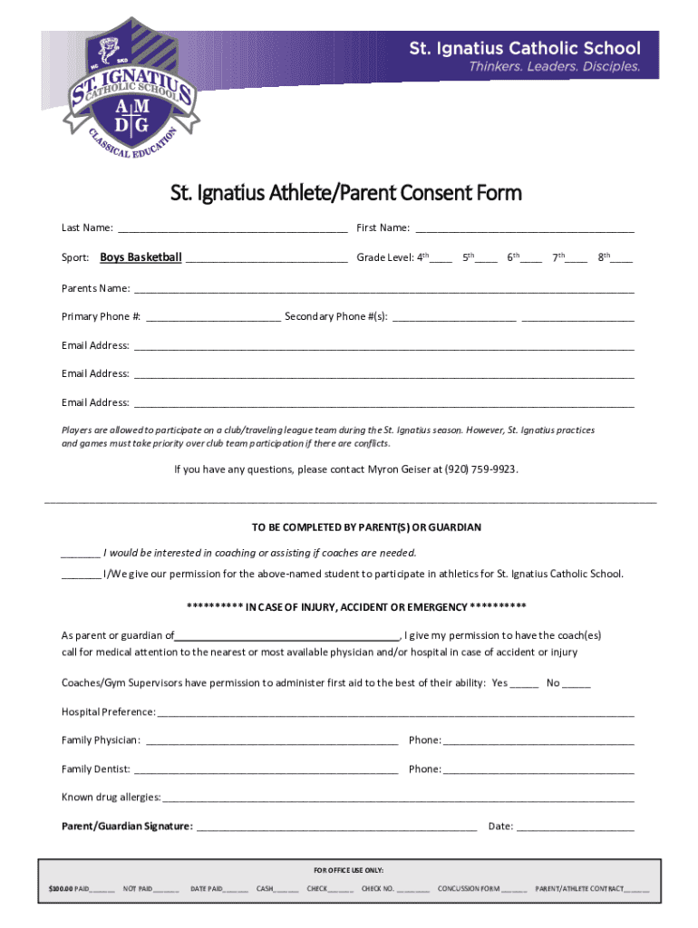 Fillable Online St. Ignatius Athlete/parent Consent Form Fax Email Print - pdfFiller