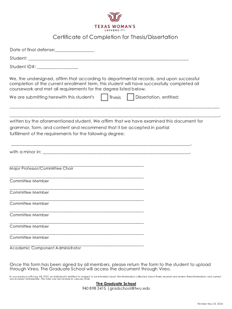 Fillable Online Certificate of Completion for Thesis & Dissertation 2020 Fax Email Print - pdfFiller