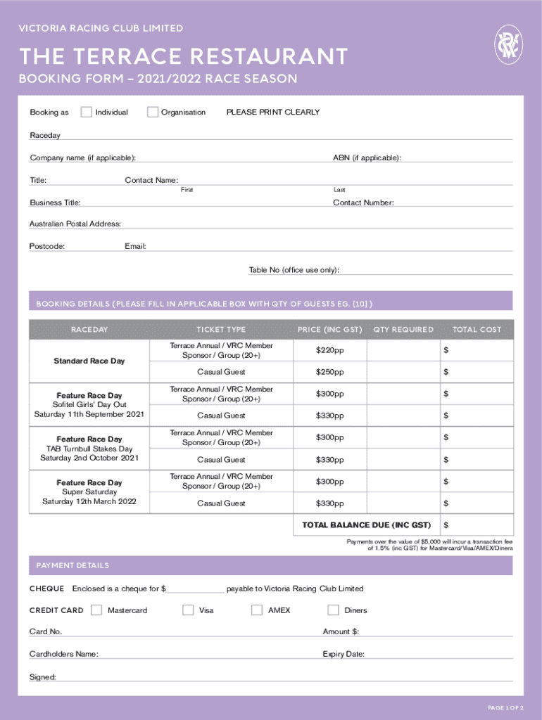 Fillable Online the Terrace Restaurant Booking Form – 2021/2022 Race ...