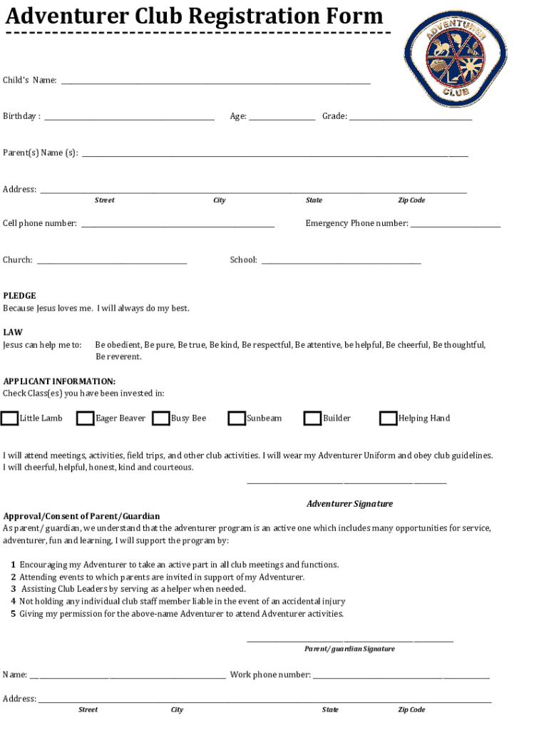 Fillable Online Adventurer Club Registration Fax Email Print - pdfFiller