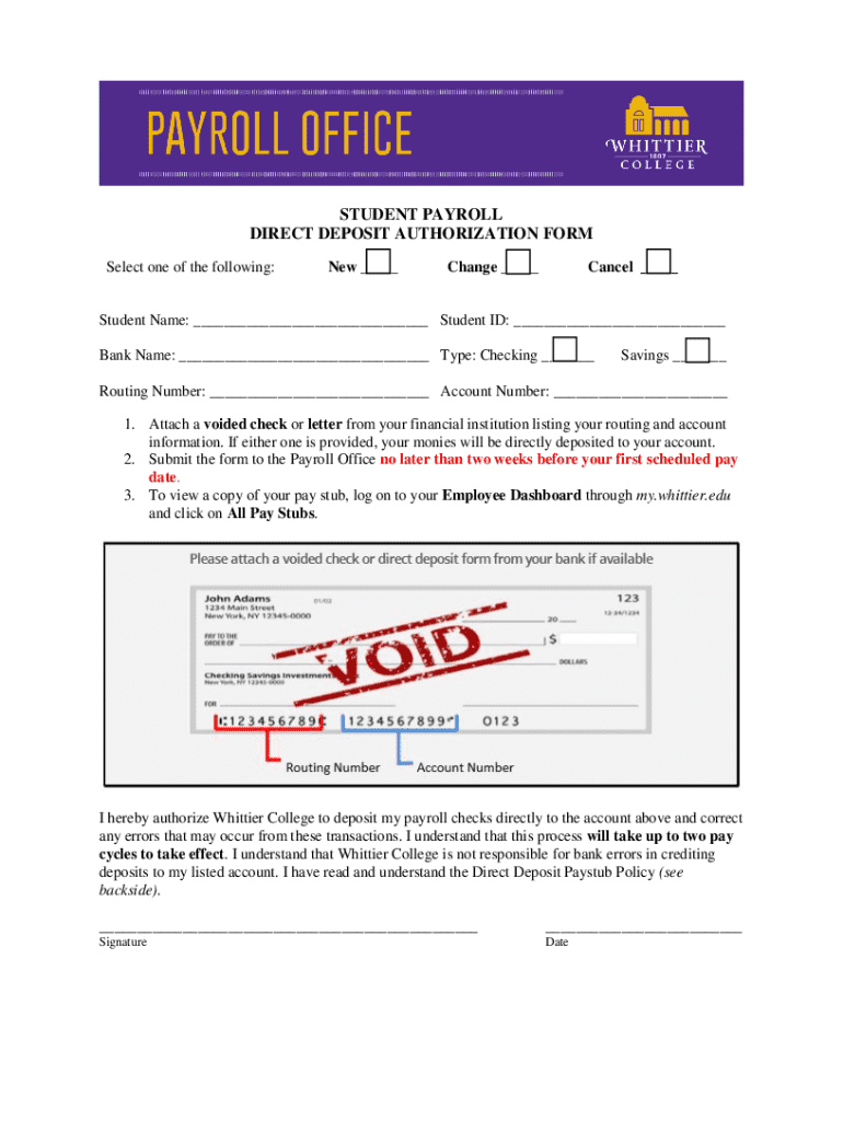 Fillable Online Direct Deposit Authorization for Student Payroll Fax ...
