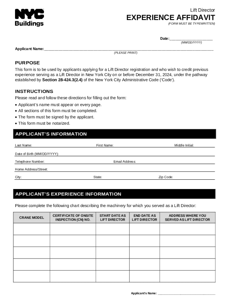 Fillable Online Lift Director Experience Affidavit Fax Email Print ...