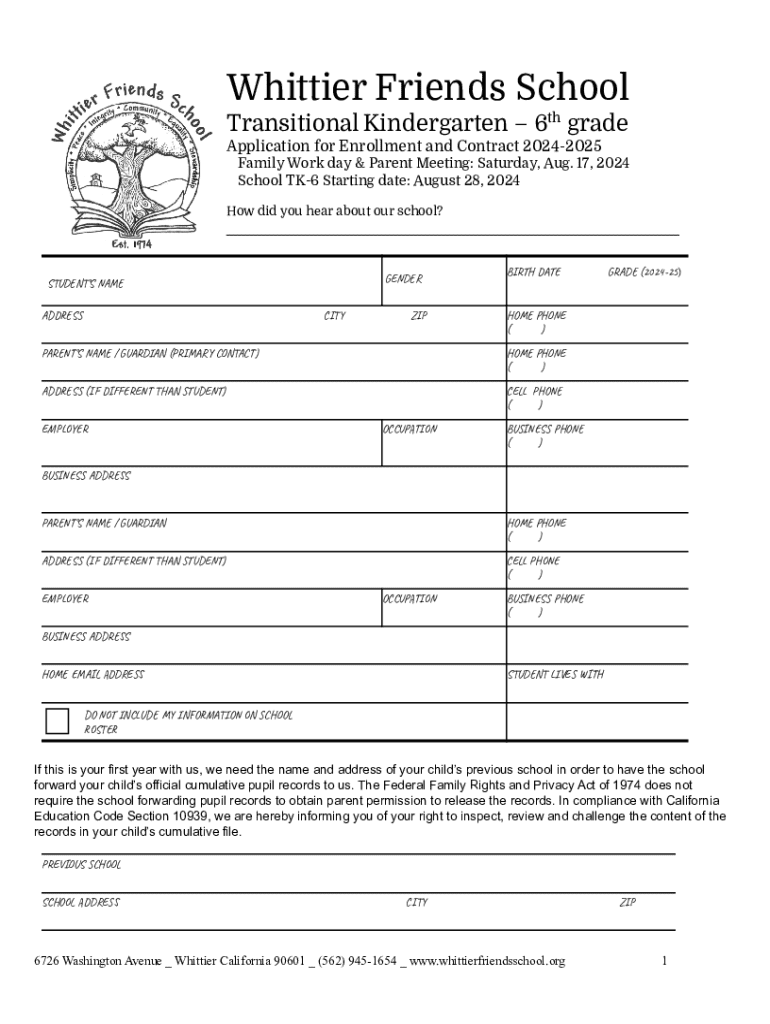 Fillable Online Whittier Friends School Enrollment Application Fax Email Print - pdfFiller