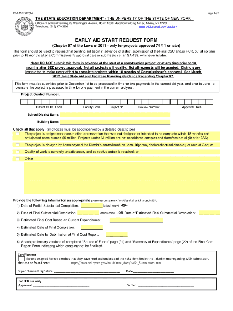 Fillable Online Early Aid Start Request Form - Chapter 97 of the Laws of 2011 Fax Email Print ...