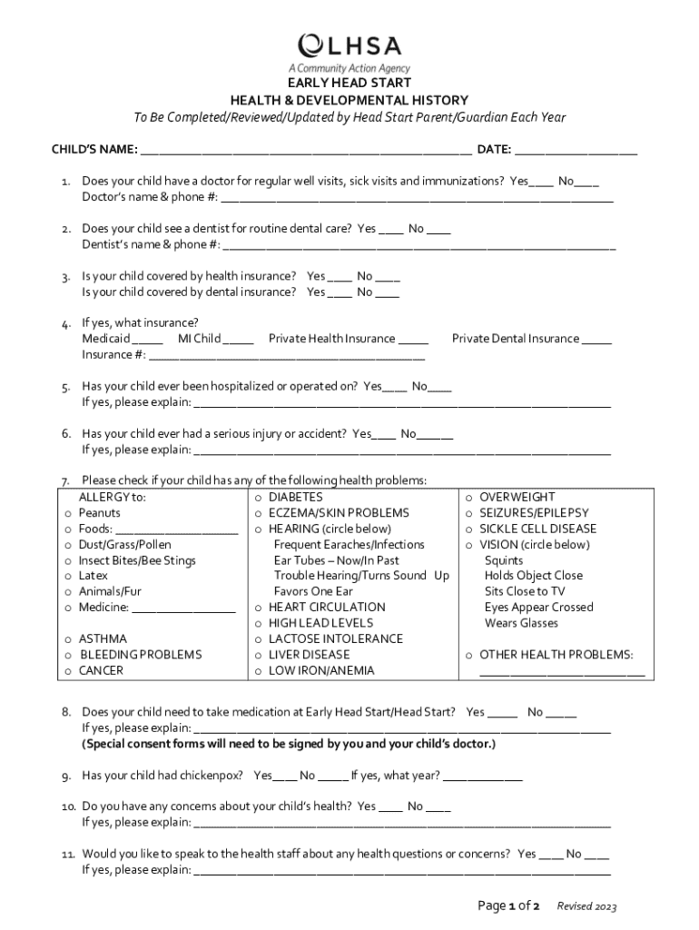 Fillable Online Health & Developmental History Form Fax Email Print ...