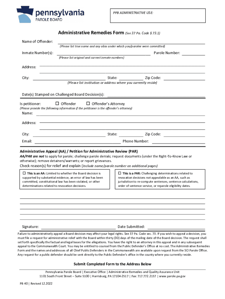 Fillable Online Administrative Remedies Form - Pennsylvania Parole ...