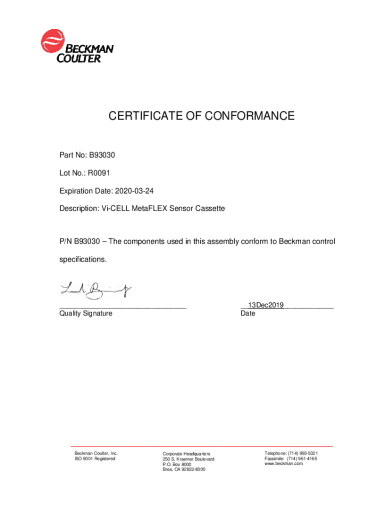 Fillable Online Certificate of Conformance for Vi-cell Metaflex Sensor ...
