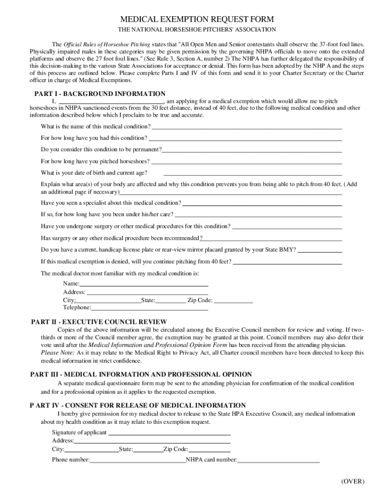 Fillable Online MEDICAL EXEMPTION REQUEST FORM THE NATIONAL HORSESHOE ...
