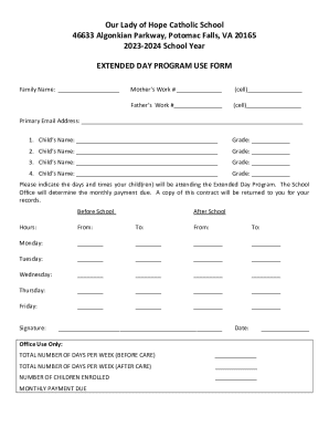 Fillable Online Our Lady of Hope Catholic School Extended Day Program ...