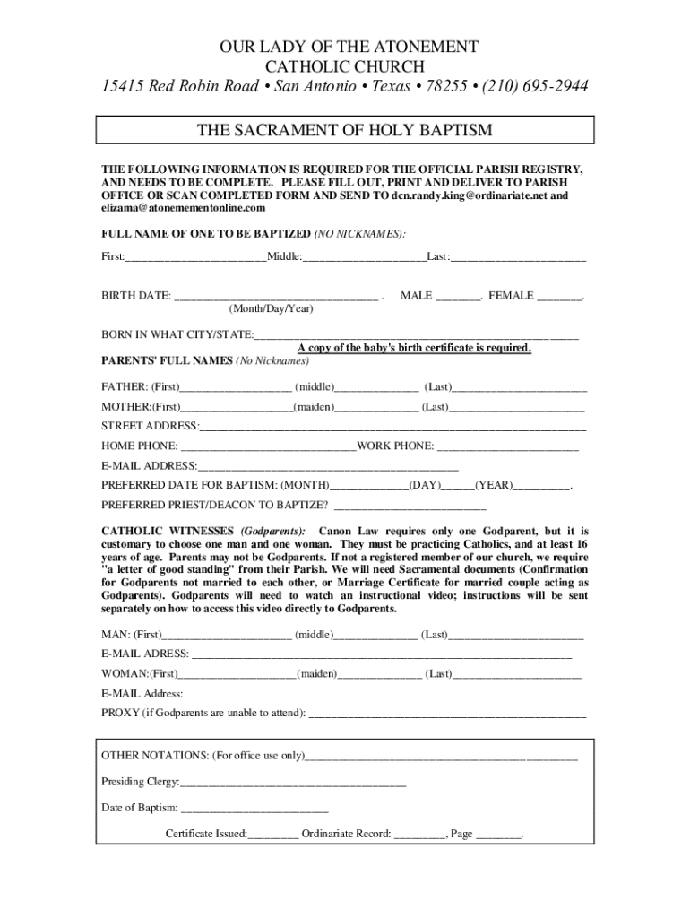 Fillable Online Sacrament of Holy Baptism Registration Fax Email Print - pdfFiller