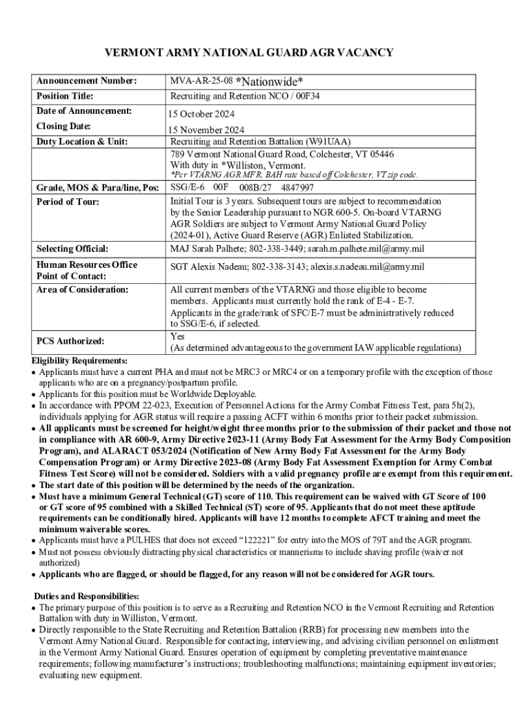 Fillable Online Vermont Army National Guard Agr Vacancy Announcement ...