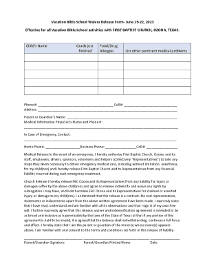 Fillable Online Vacation Bible School Waiver Release Form - June 19-22, 2023 Fax Email Print ...