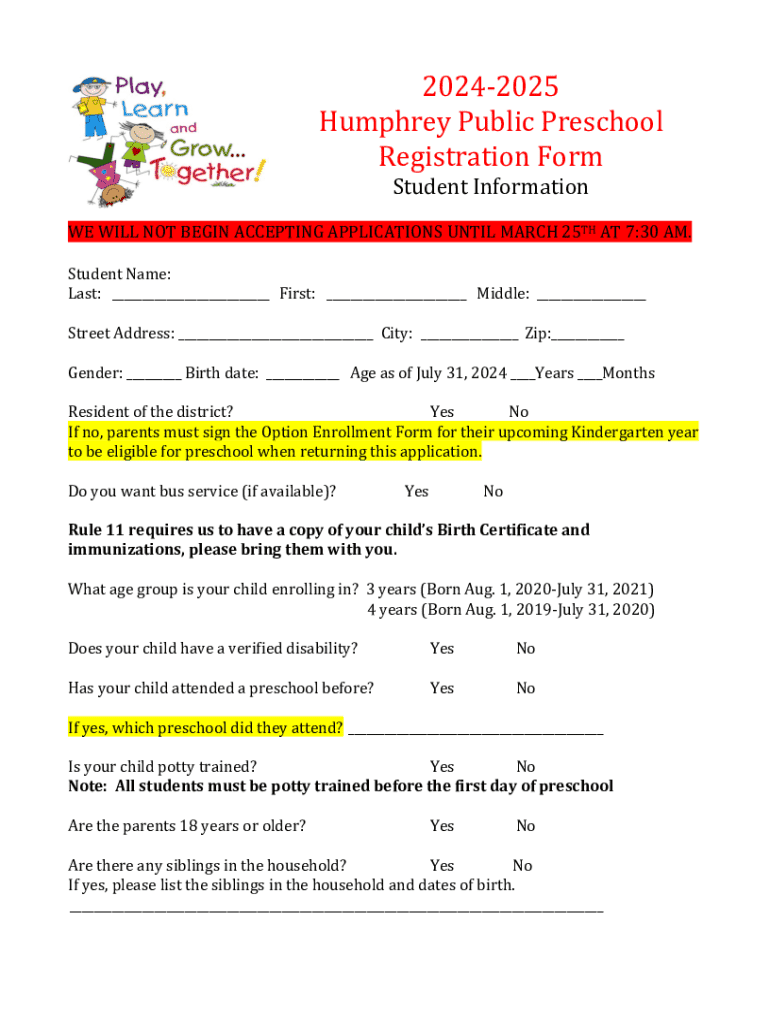 Fillable Online Humphrey Public Preschool Registration 2024-2025 Fax ...