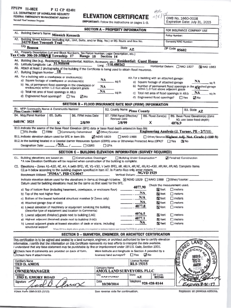 Fillable Online Elevation Certificate for Flood Insurance Fax Email ...