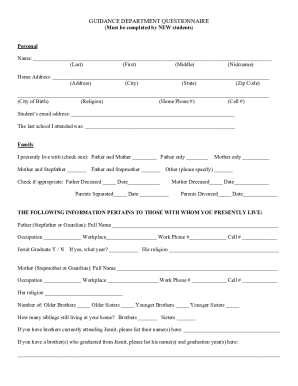 Fillable Online New Student Questionnaire Fax Email Print - pdfFiller