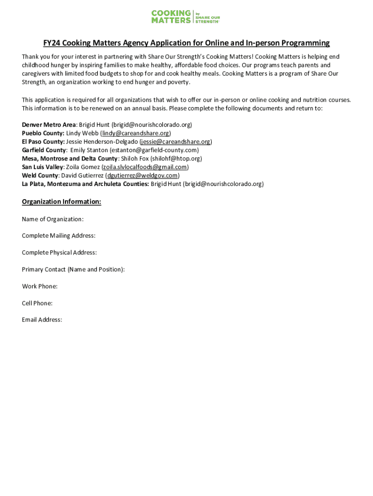 Fillable Online Cooking Matters Agency Application for Online and in-person Programming Fax ...