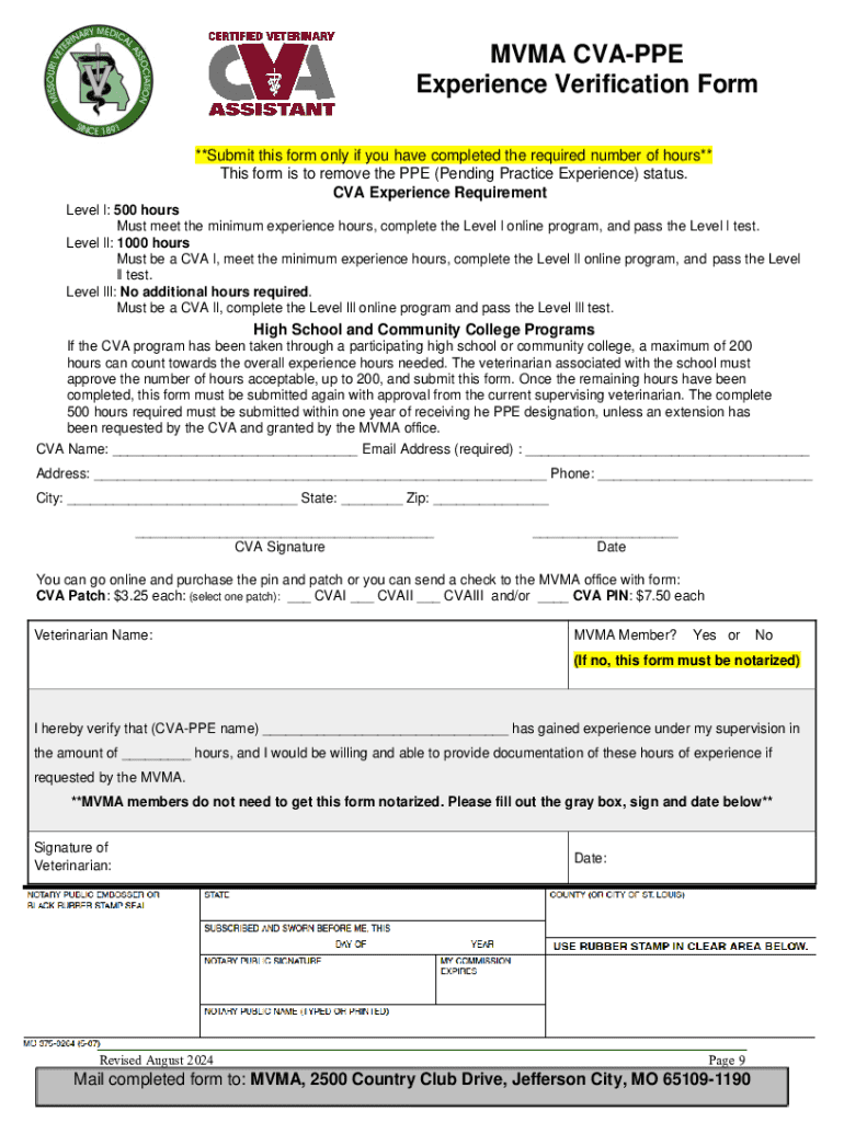 Fillable Online Mvma Cva Handbook - Experience Verification Fax Email ...
