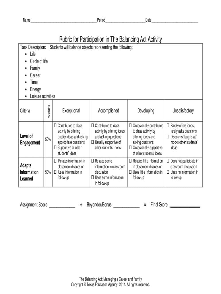 Fillable Online Rubric forParticipation in The Balancing Act Activity ...