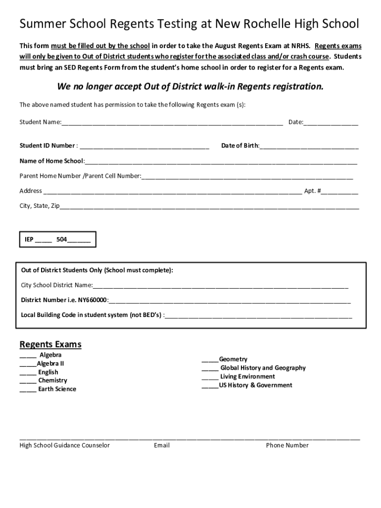 Fillable Online Regents Exam Registration at New Rochelle High School ...